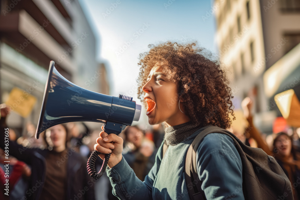 Woman shouting through megaphone on environmental protest in a crowd ...