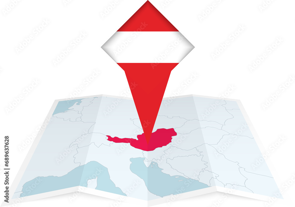Austria pin flag and map on a folded map Stock Illustration | Adobe Stock