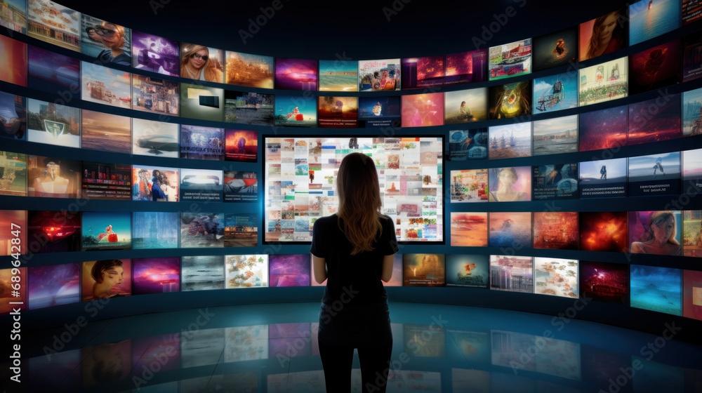 Curious woman views an array of screens displaying diverse multimedia ...