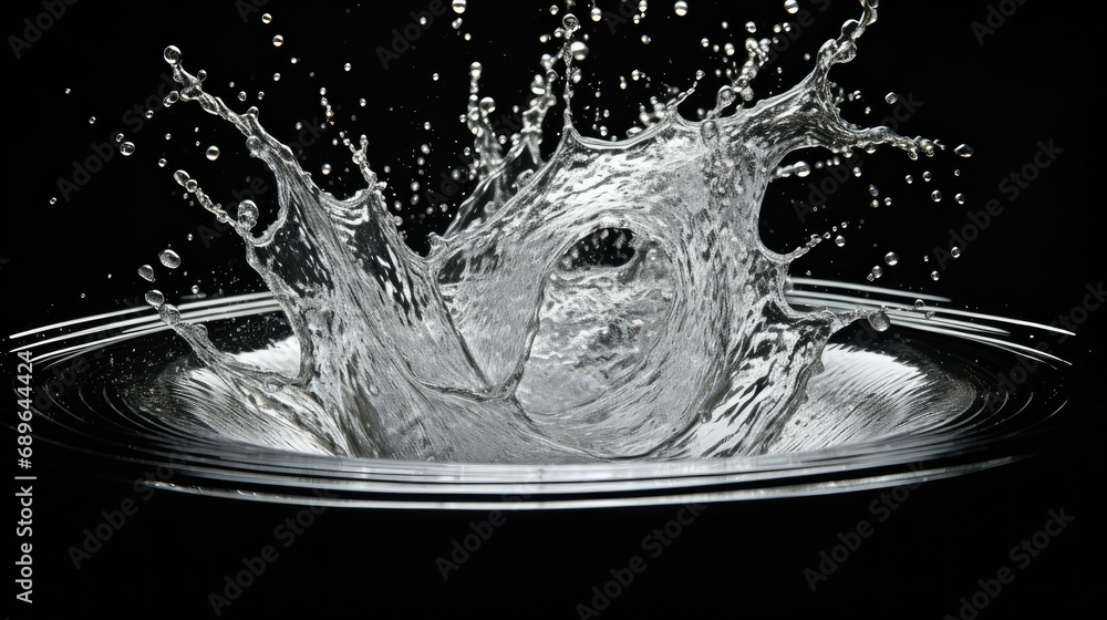 High-speed water splash frozen in time, suspended droplets collide in ...