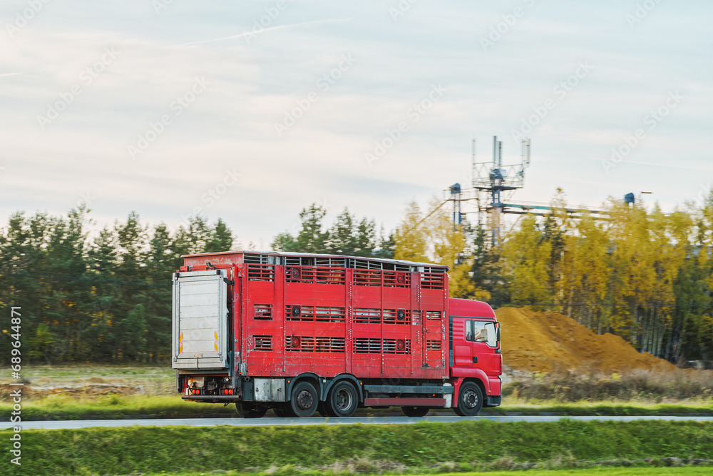 A livestock truck carries caged farm animals on a highway in Europe ...