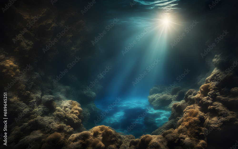 Photograph of deep Water abyss with blue sun light and defocused ...