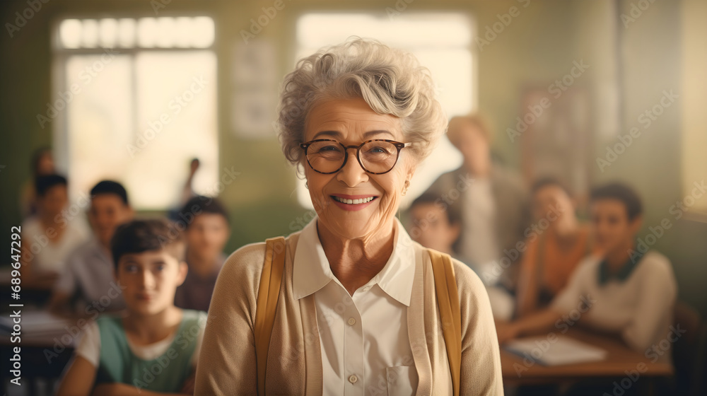 Happy old senior woman working as teacher in school, educating young ...