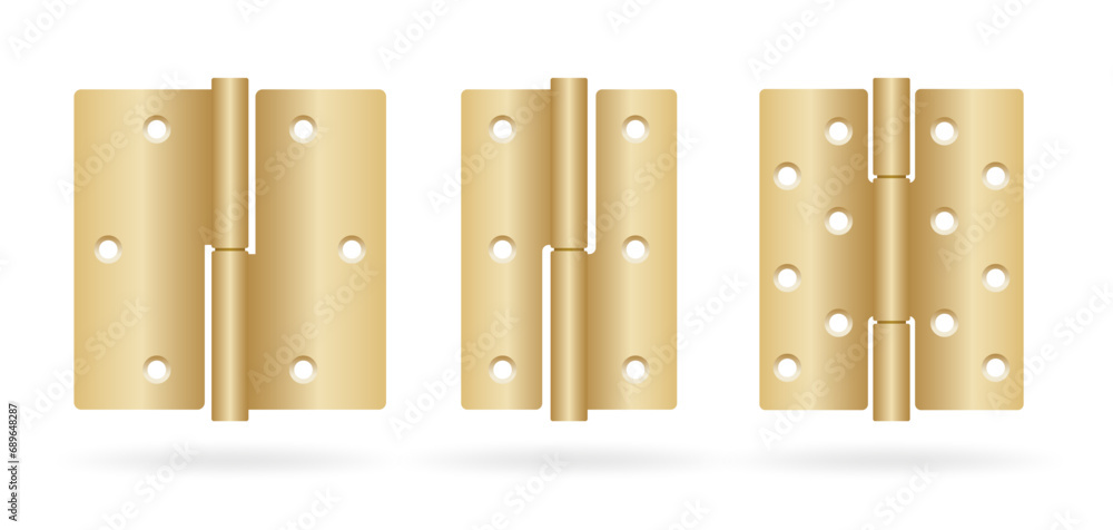 Door hinges realistic set. Classic industrial ironmongery golden ...