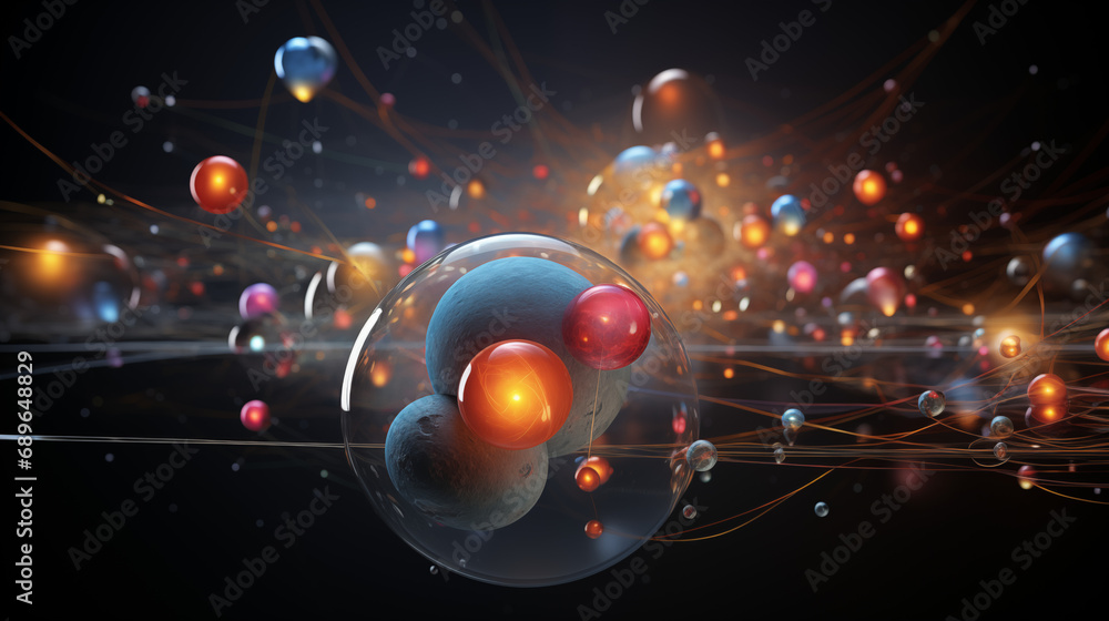 Fiction illustration of a group of atoms, nuclei and electrons in ...