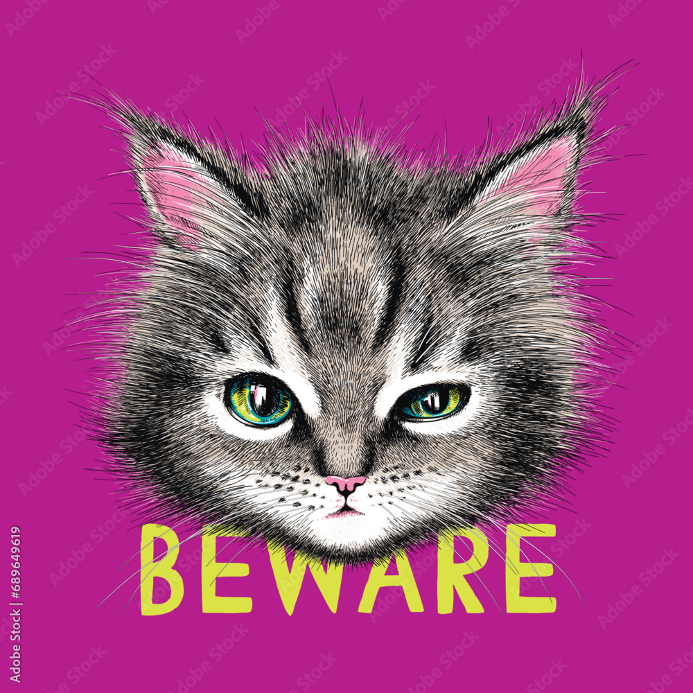 Cute and grumpy little kitten. Realistic drawing of cat head. Beware ...