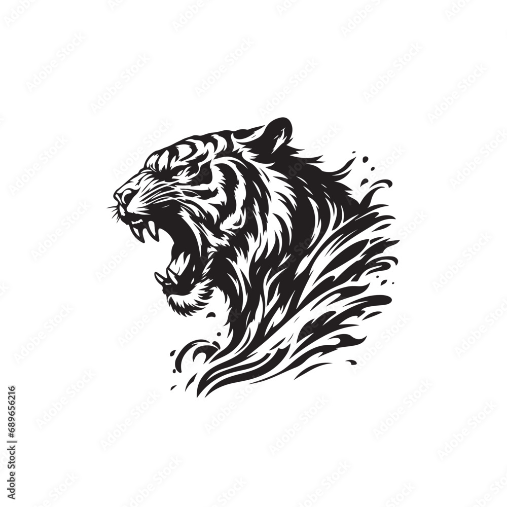 Menacing Tiger Attack Silhouette with Dominant Roar - Black Vector ...