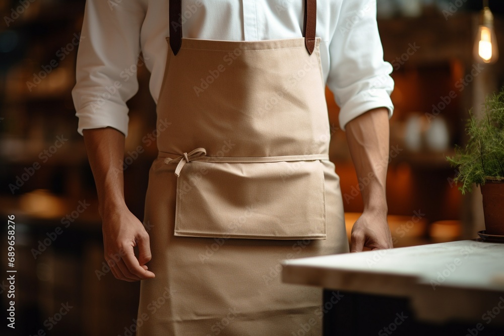 Waiter in a beige apron in the kitchen, chef closeup view, chef with a ...