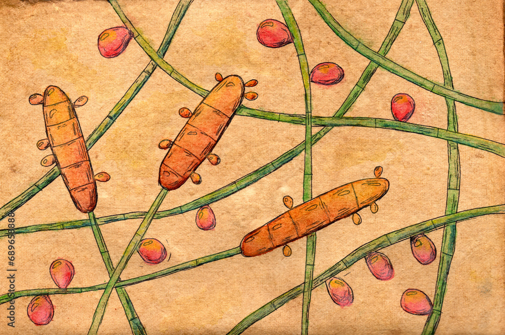 Hand-drawn illustration of Trichophyton rubrum fungi on aged paper ...