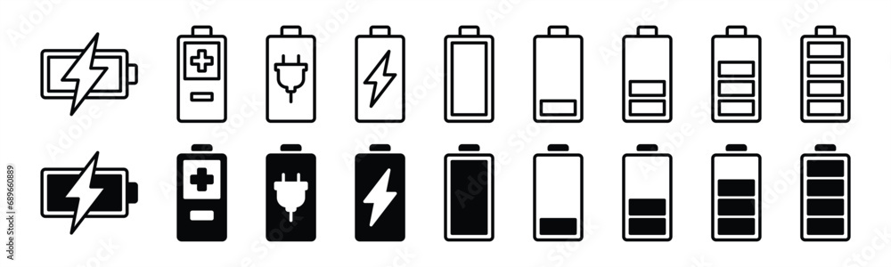 Battery icon set. Battery charge level icons. Battery Charging ...