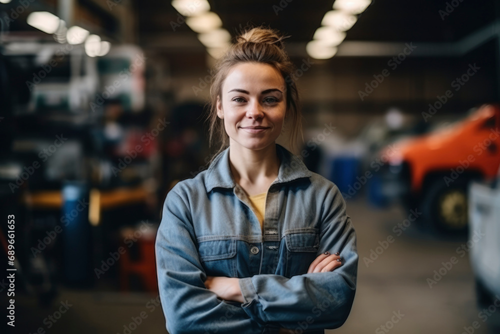 Girl auto mechanic looks at the camera, smiles, folds her arms on her ...