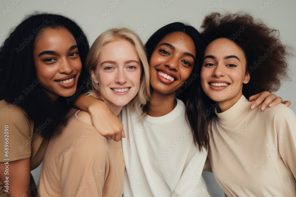 Four beautiful girls models of different races and appearances in beige ...