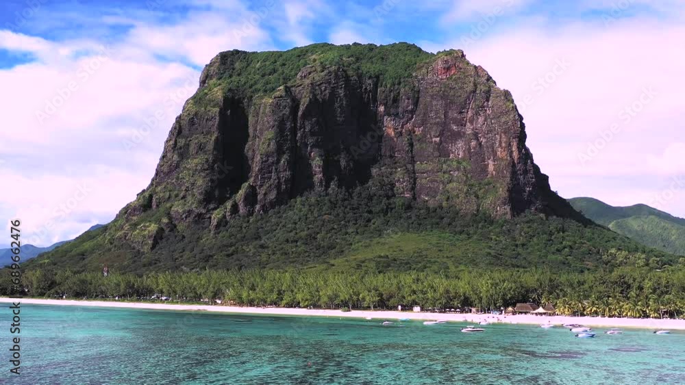 Panoramic aerial drone view of iconic Le Morne mountain with public ...