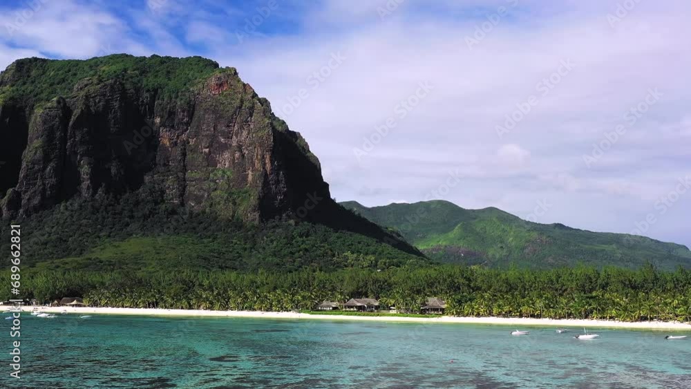 Panoramic aerial drone view of iconic Le Morne mountain with public ...