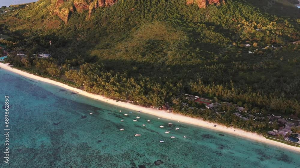 Panoramic aerial drone view of iconic Le Morne mountain with public ...