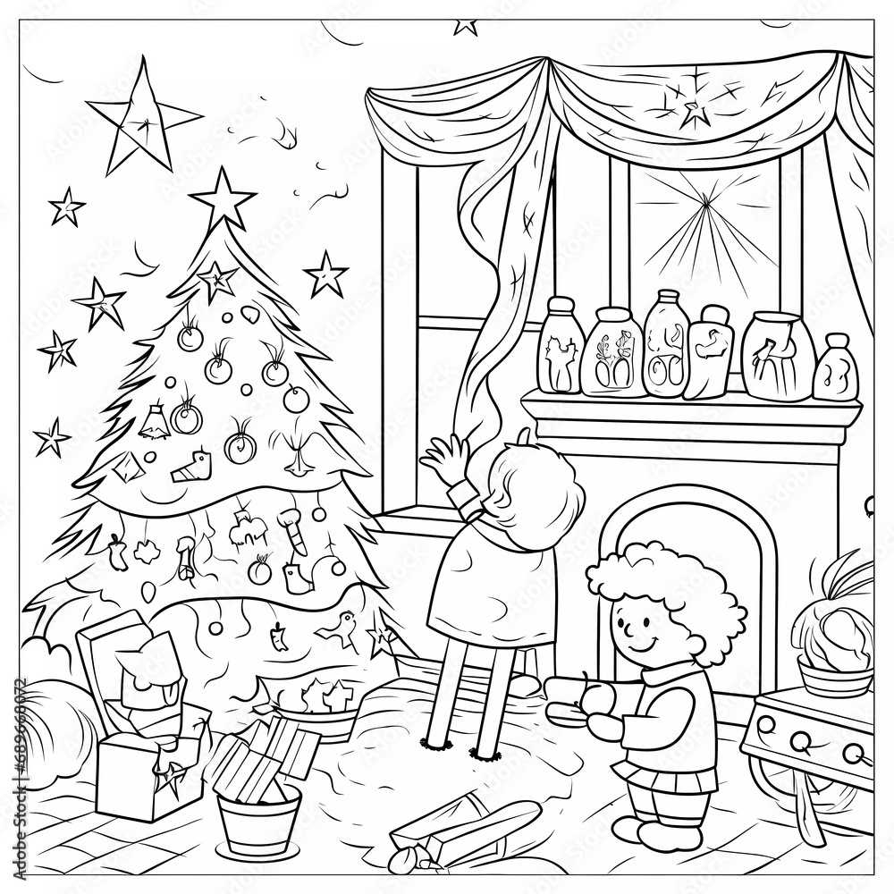 Children Christmas Party cartoon style coloring page.Colorful vector ...