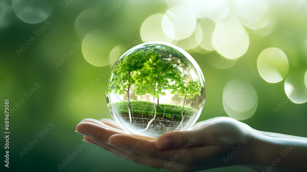 Hand Holding Glass Globe Ball With Tree Growing And Green Nature Blur