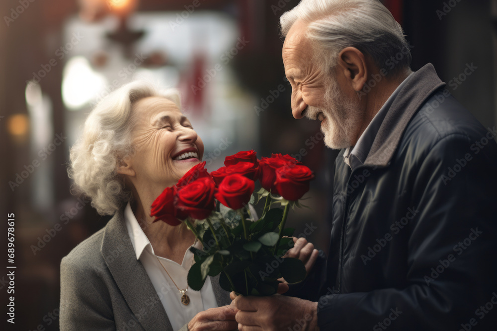 Senior gentleman giving senior lady a bouquet of red roses. Elderly ...