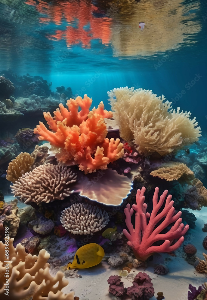 Beautiful underwater scenery with various types of fish and coral reefs ...