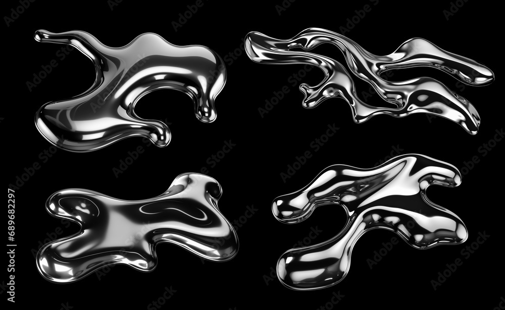 Y2K Melted chrome liquid metal shapes set isolated. Spilled wavy molten gloss aluminium mercury ...