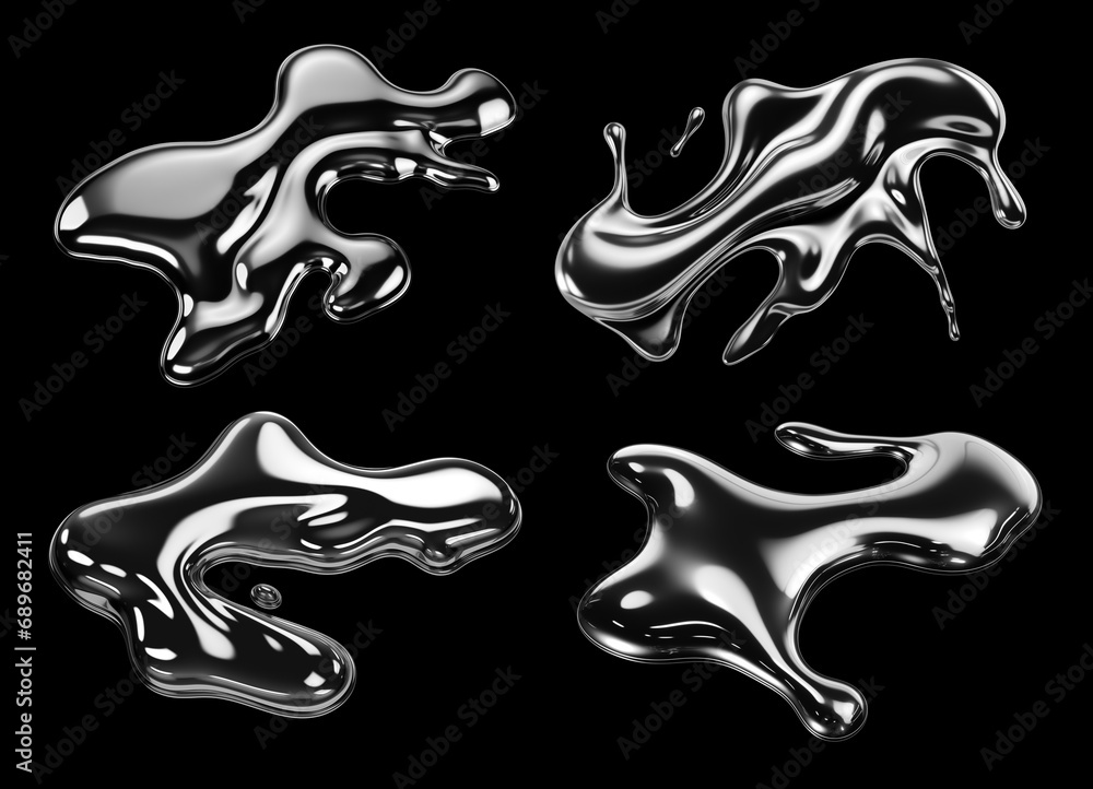Melted glossy chrome metal shapes isolated. Spilled Y2K mercury liquid ...