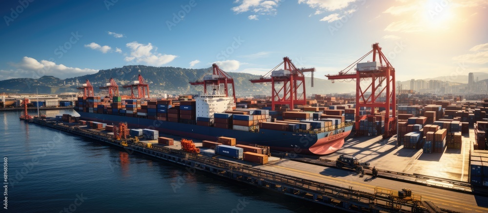 Container loading on cargo ship with big crane, industrial background ...