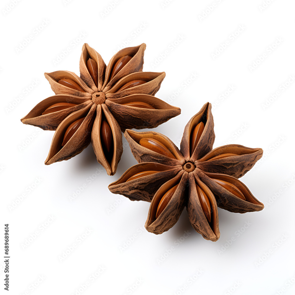Star anise spice fruits and seeds isolated on white background, Top ...