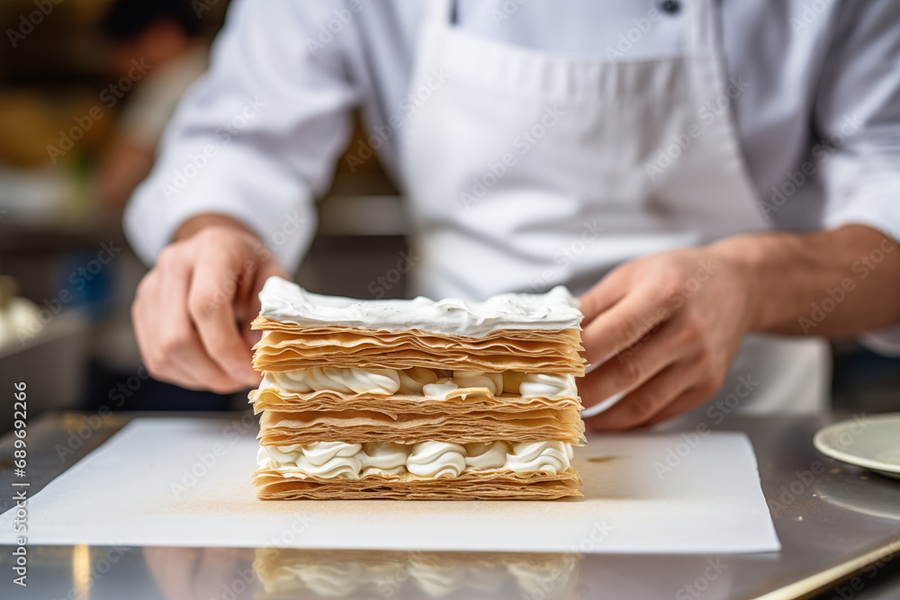 A pastry chef assembling a layered mille-feuille pastry, leaving space ...