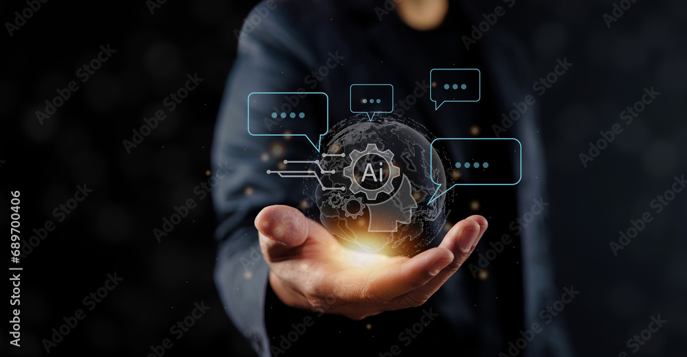 Businessman uses smart artificial intelligence technology by entering ...