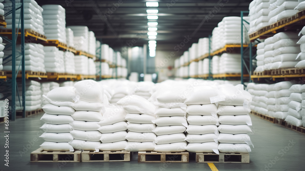 Bags of flour and grain are stacked on pallets, stored in the factory ...