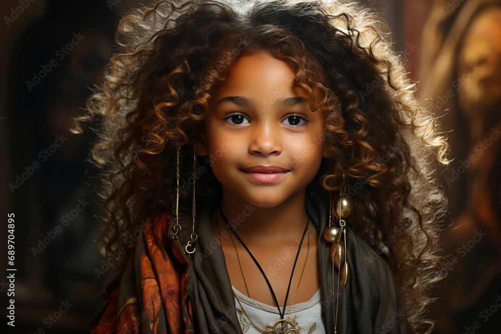 Happy african american child girl smiling to camera. Portrait of ...