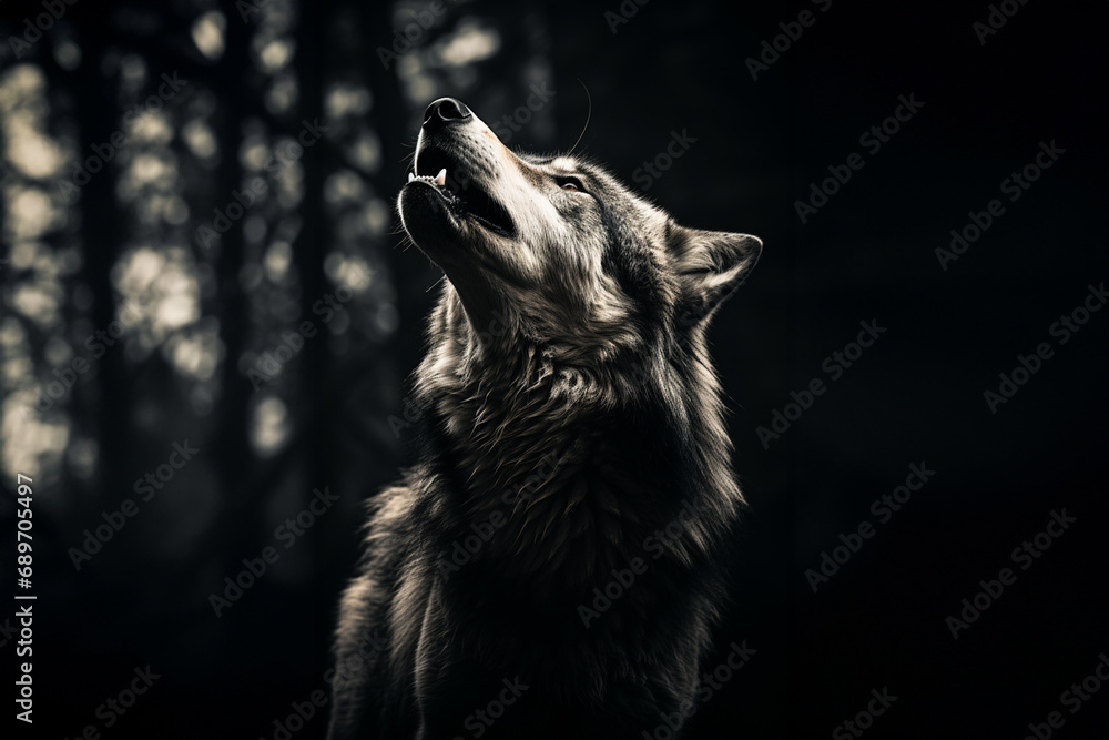 Linear and minimal portrayal of a wolf howling, capturing the primal ...