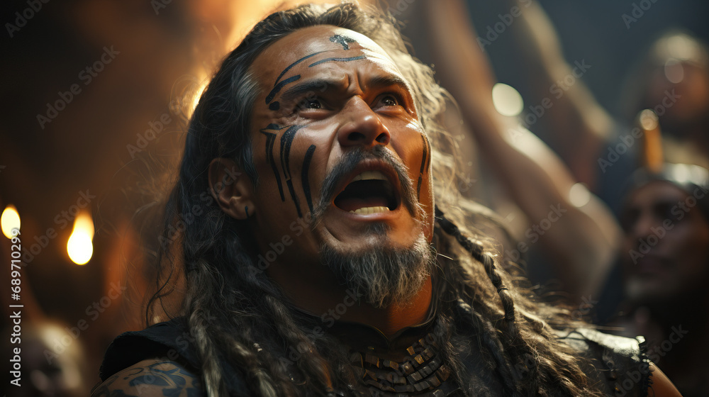 Maori Spiritual Leader Performing a Traditional Haka Dance in a Sacred ...