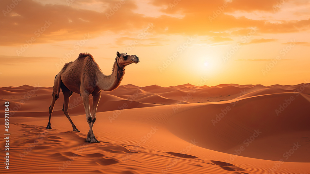 Lone camel stands of searing heat sandy desert watches at setting sun ...