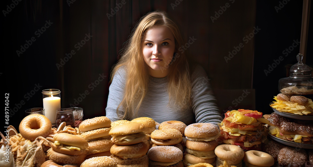 Overweight fat woman resting after eating too much food.Unhealthy fast ...