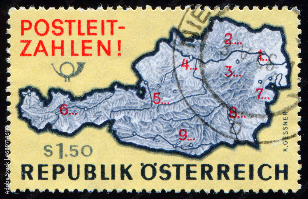 Introduction of Postcodes in Austria, map of Austria, circa 1966 Stock ...