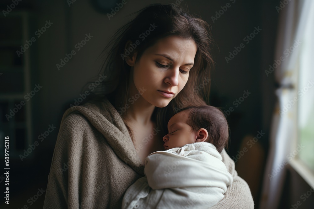 Mother With Postpartum Depression Holds Her Baby. Сoncept Postpartum Depression Support ...