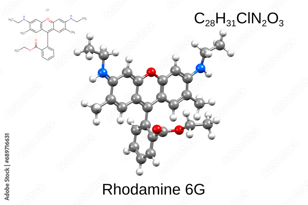 Chemical formula, structural formula and 3D ball-and-stick model of fluorescent dye rhodamine 6G ...