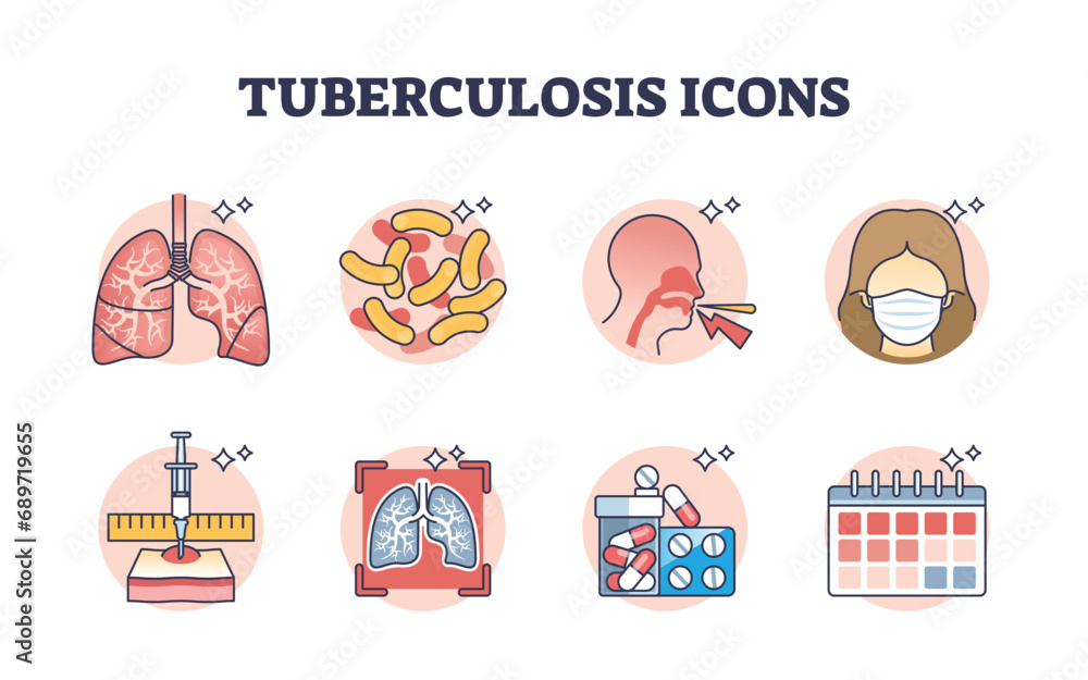 Tuberculosis icons and TB bacterial infection treatment outline concept ...