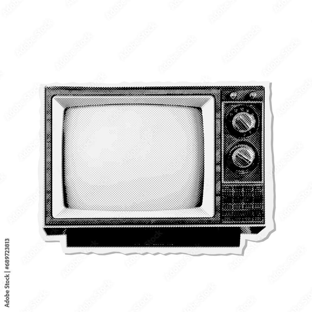 Halftone retro tv paper collage sticker. Old vintage TV in trendy ...