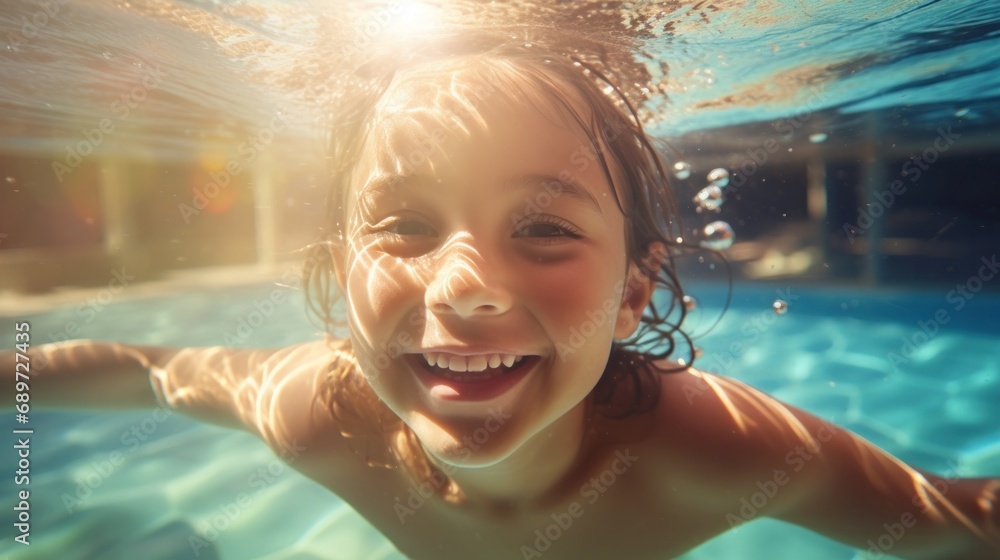Cute smiling child having fun swimming and diving in the pool at the ...