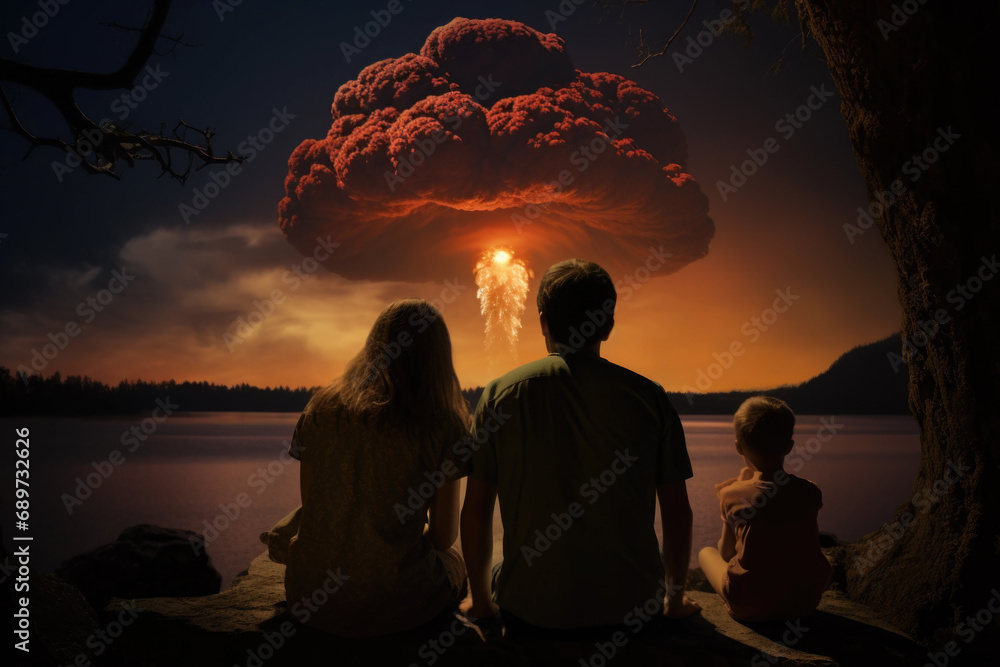 Back view of family sadly awaits their end together, watching explosion ...