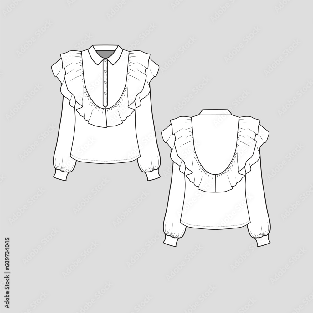 Collar neck Ruffles top half button panel placket ruffles Long Sleeve ...