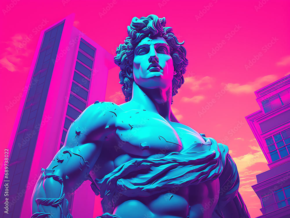 Greek god sculpture in retrowave city pop design, vaporwave style ...