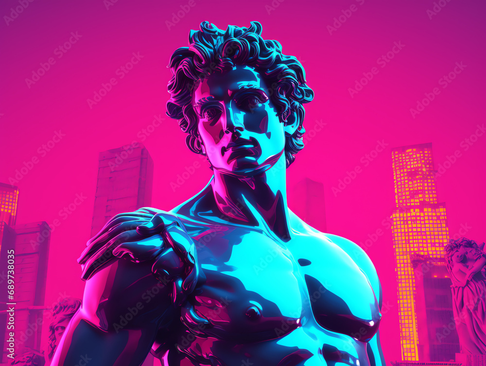 Greek god sculpture in retrowave city pop design, vaporwave style ...