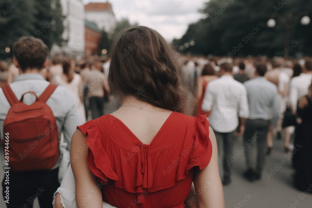 Urban Solitude: A lone woman stands amidst the hustle of a busy summer ...