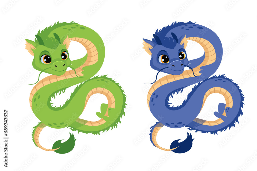Set of Chinese dragons isolated on white background. Green and blue are ...