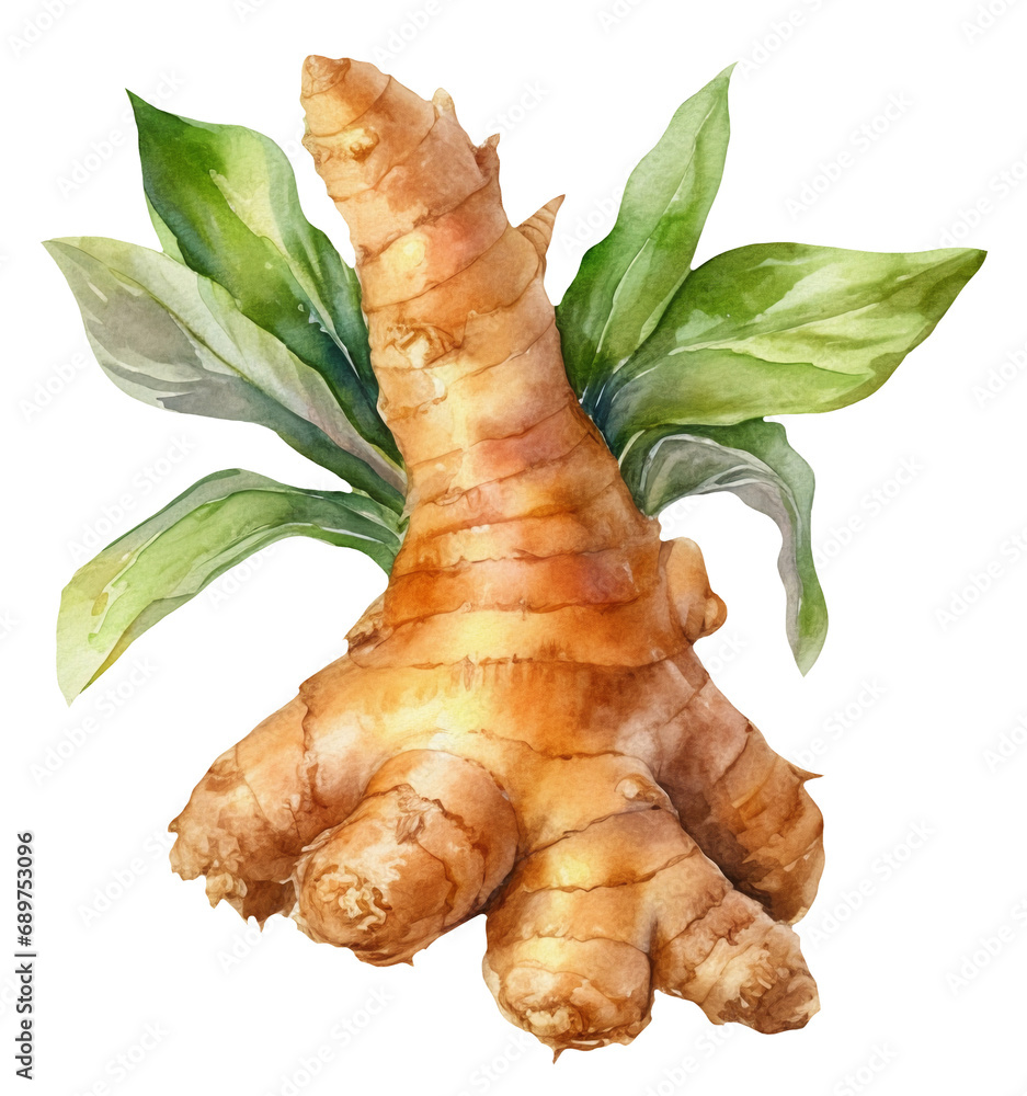 Watercolor illustration of a ginger root. Vegetables. Food. Transparent ...