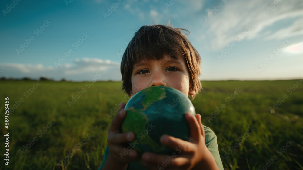 Boy holding earth, Environment friendly. Saving the world from ...