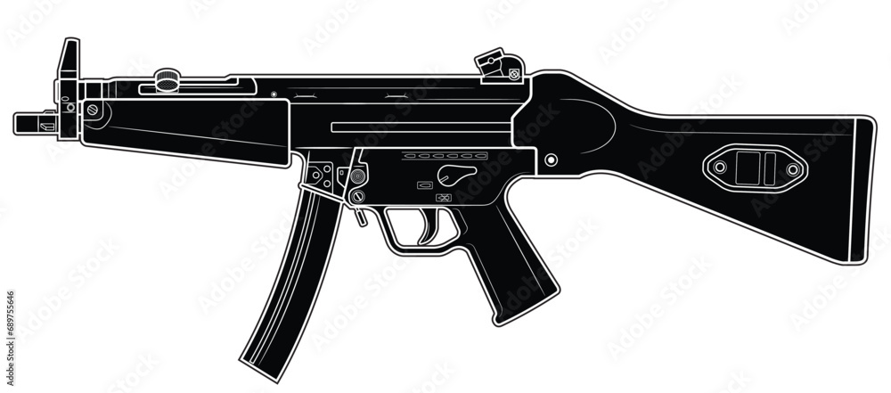 Vector illustration of the MP5 machine gun with stock on the white ...